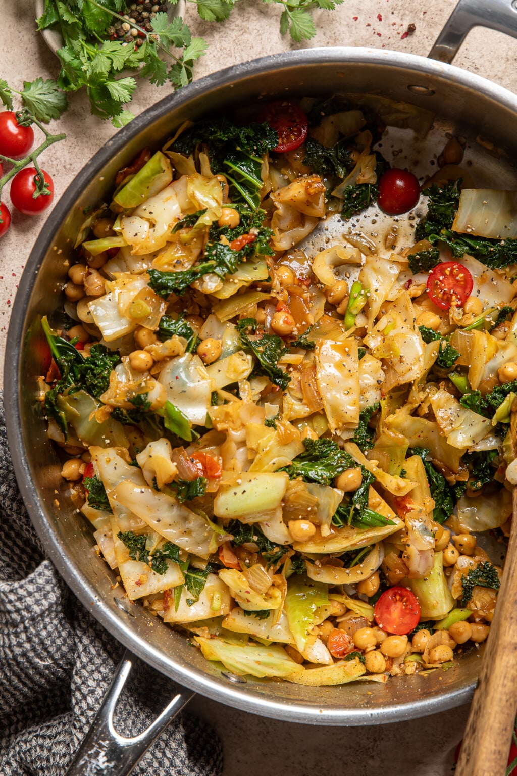 One Pot Easy Sautéed Cabbage with Kale and Chickpeas - Make It Dairy Free