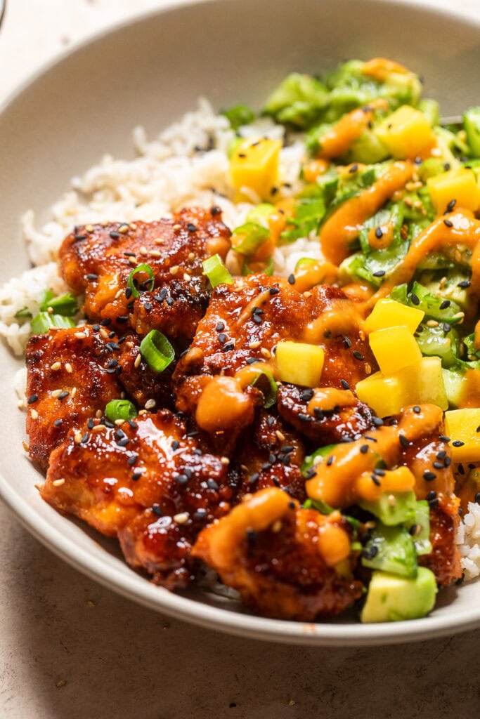 Spicy Maple Glazed Tofu Rice Bowl with Avocado Cucumber Salad - Make It ...