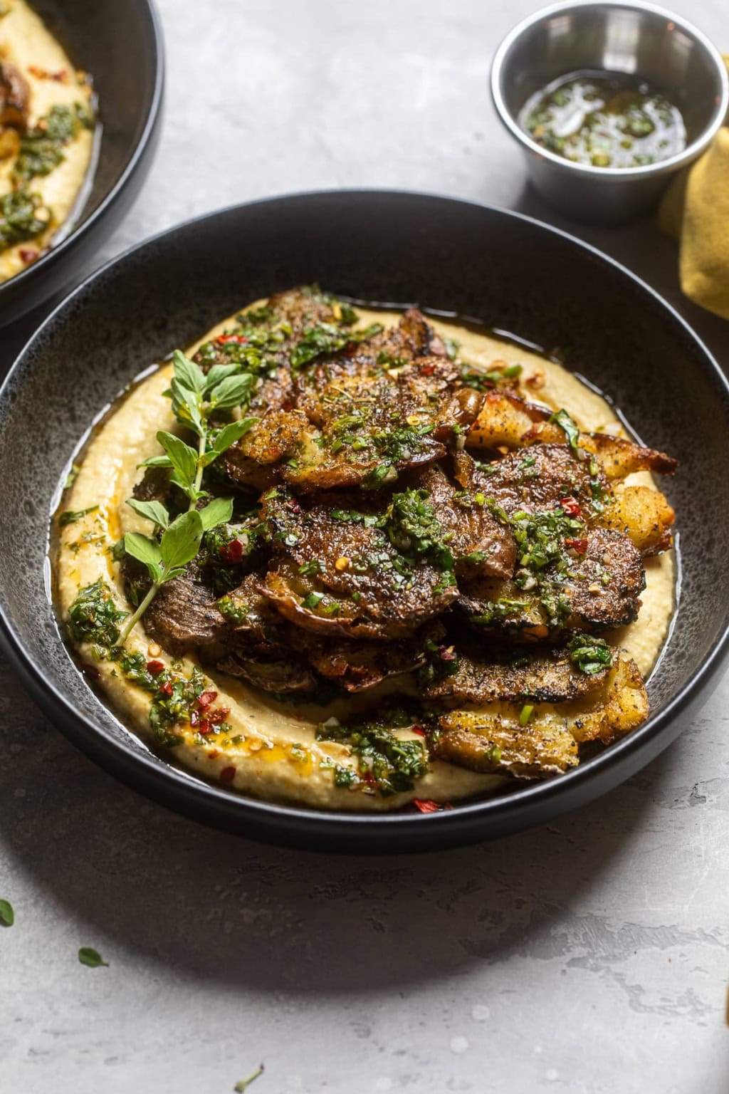 Smashed Potatoes Bowl with Chimichurri and Chickpea Dip - Make It Dairy ...